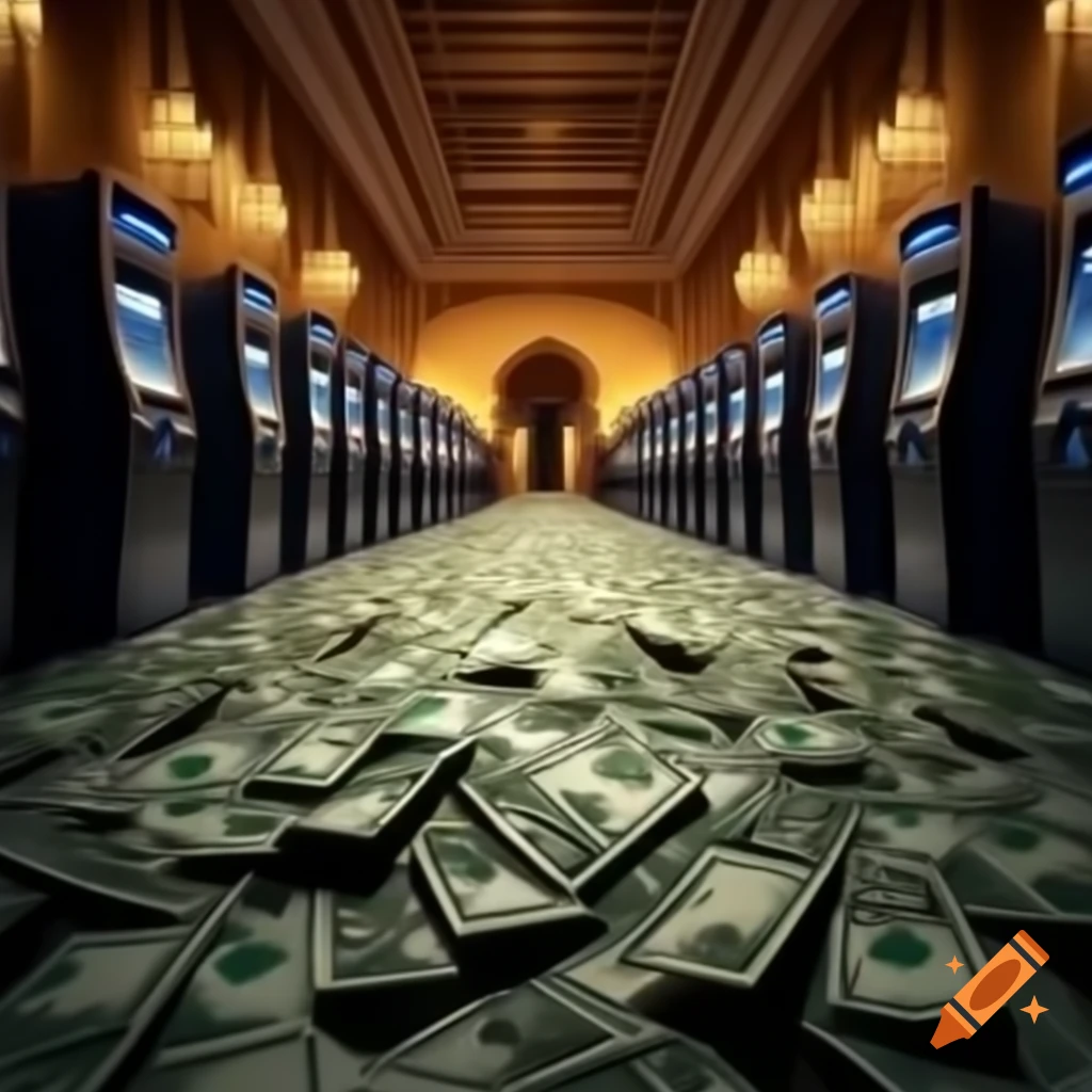 Luxurious indoor hall with stacked US dollars and ATM machines on Craiyon