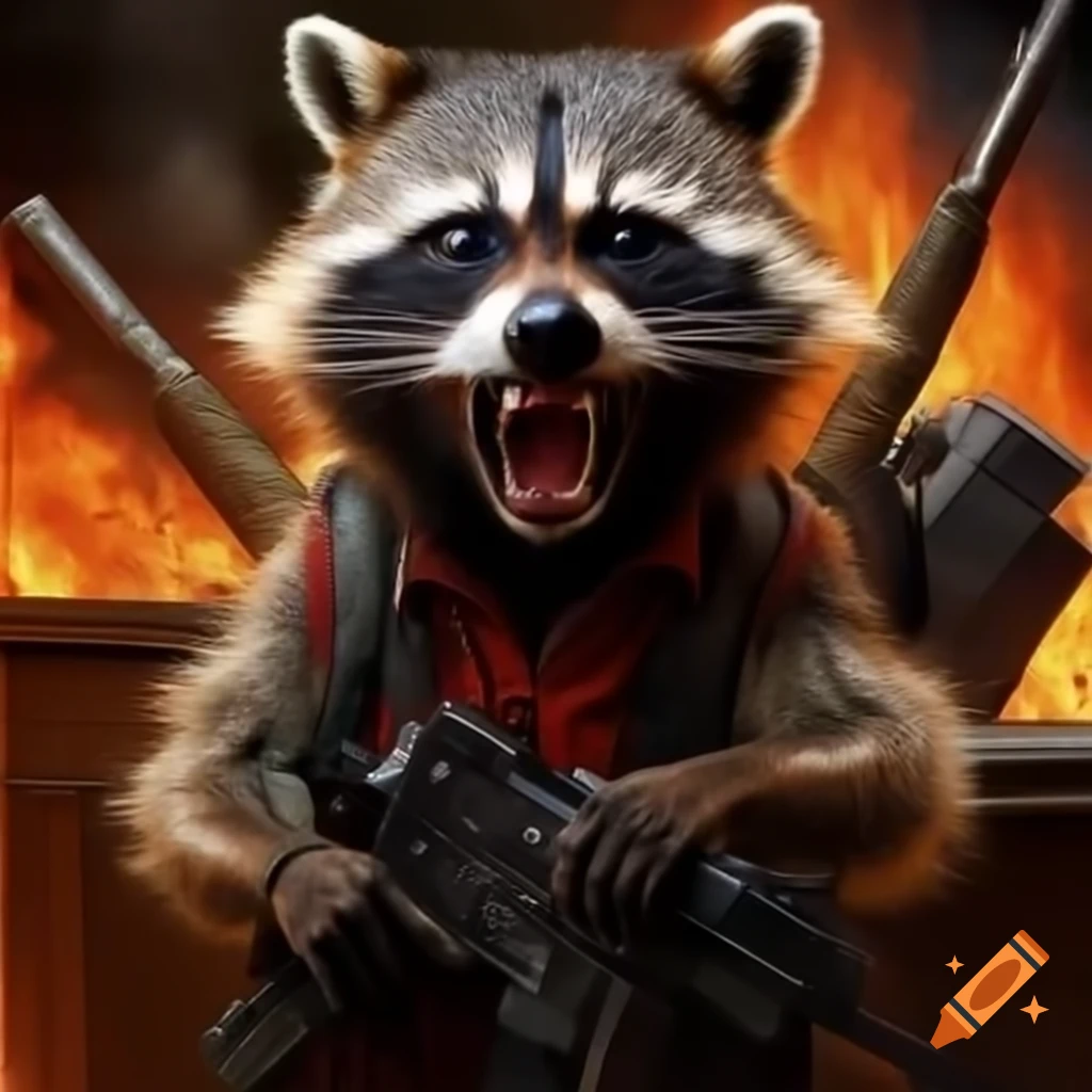 Aggressive raccoon defending dumpster fire with weapons on Craiyon