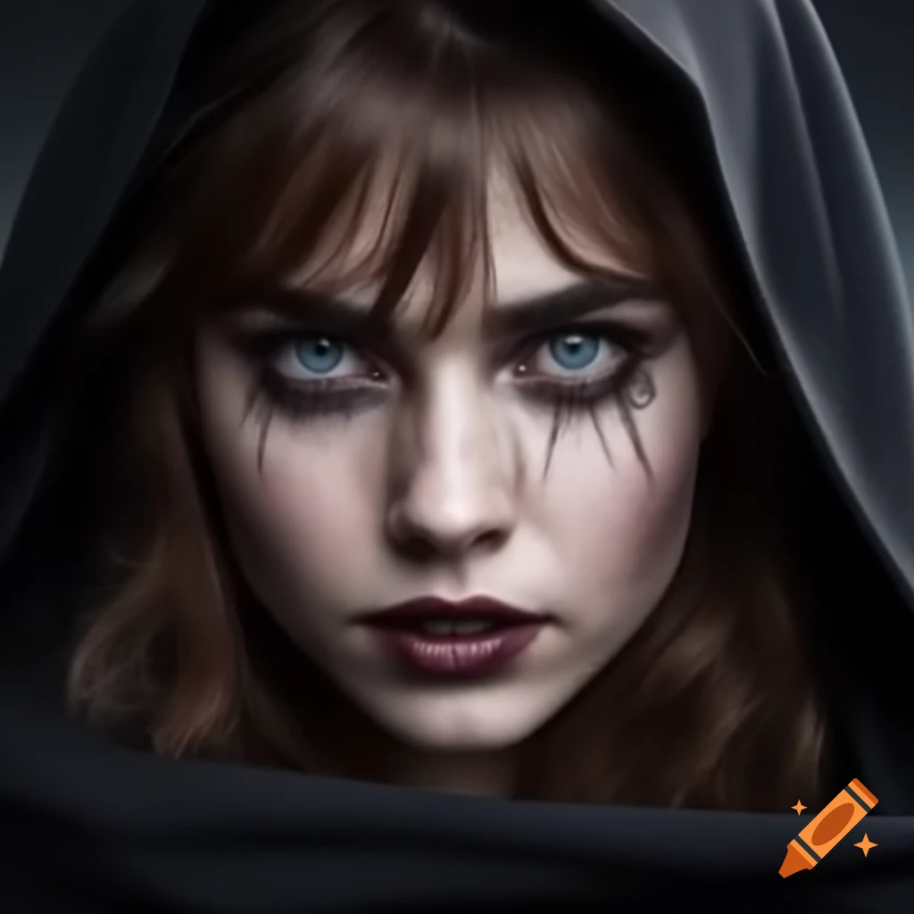 Tired-looking woman vampire with shaggy brown hair and blue eyes in ...