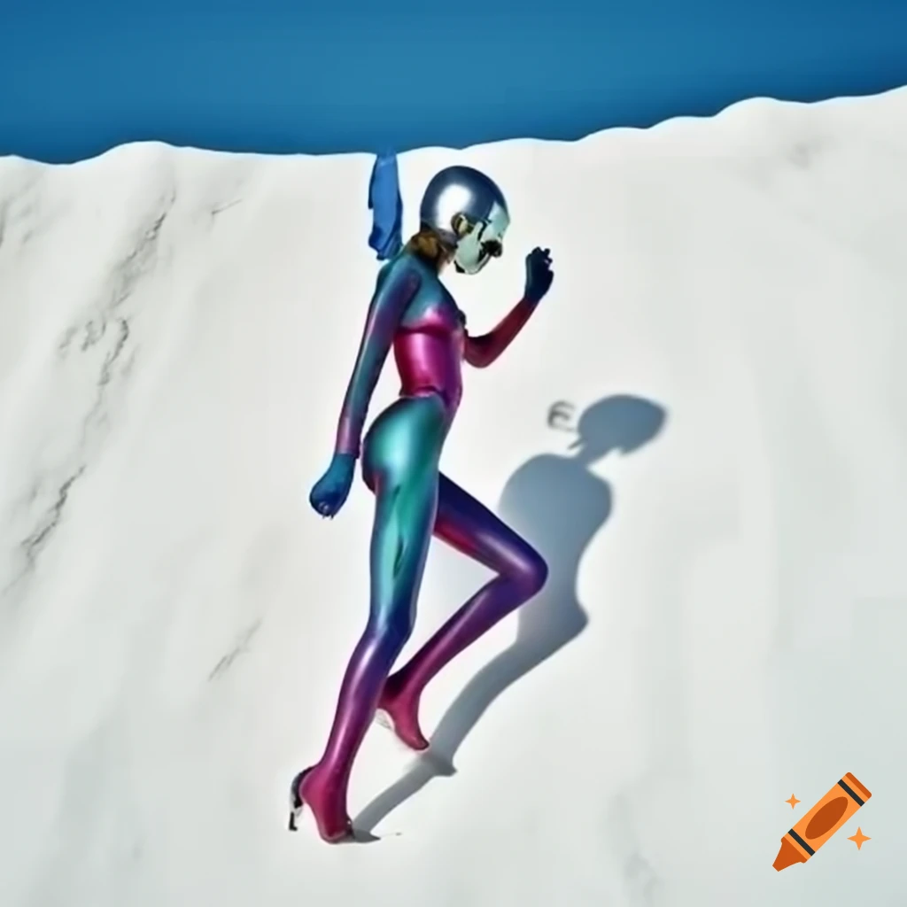 Brunette supermodel in metallic body paint and helmet on white chalk ...