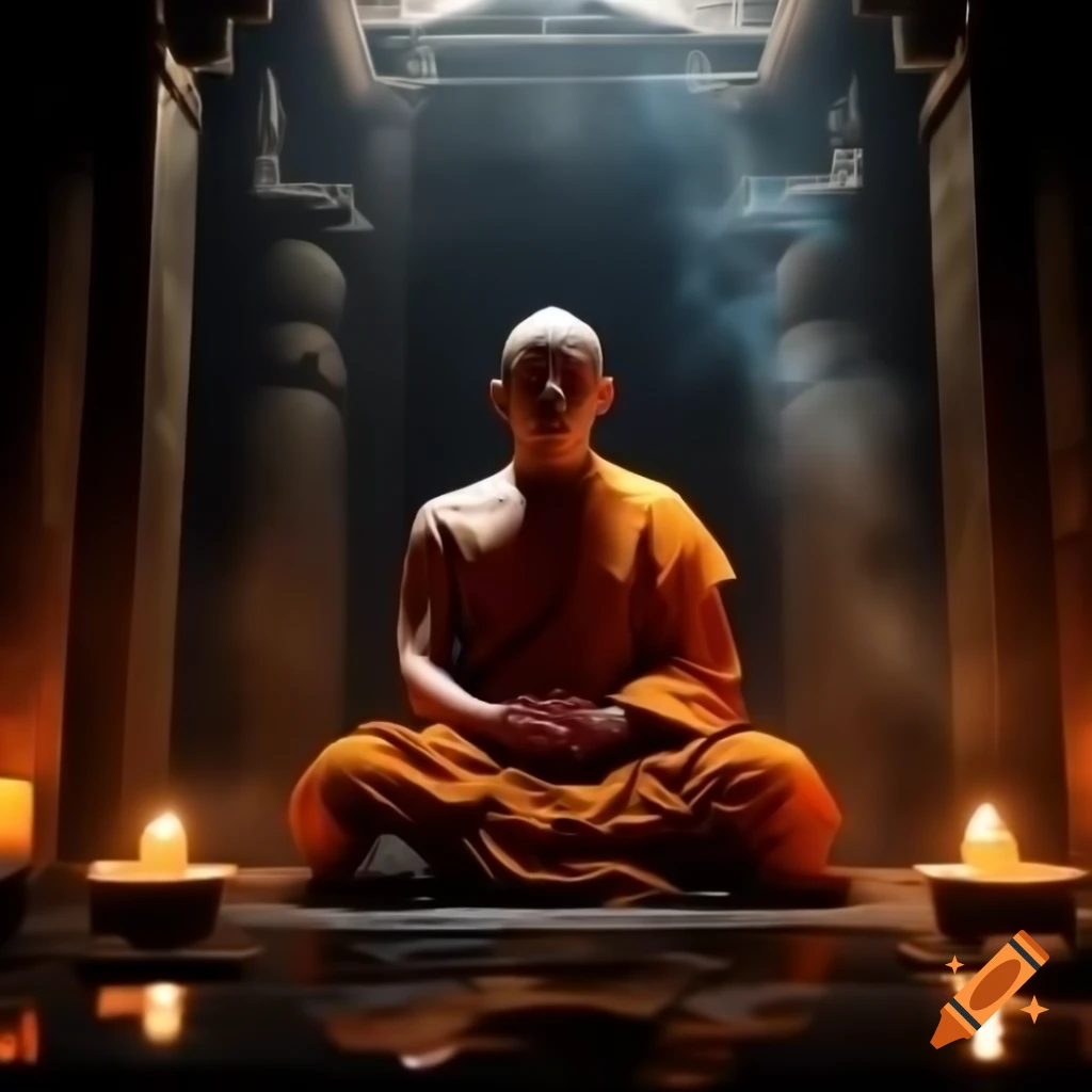Monk meditating in candlelit temple with ancient scrolls and incense ...