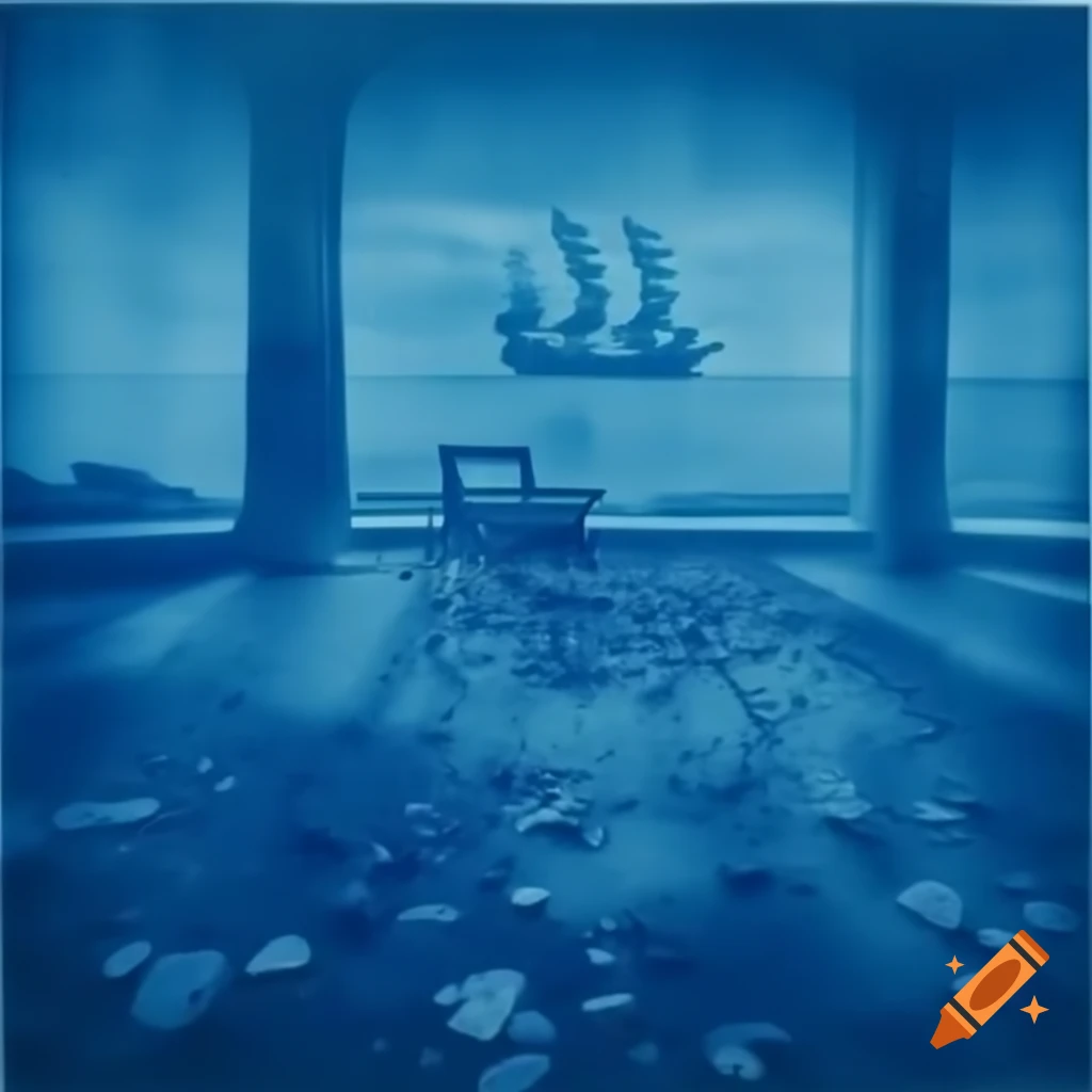 Cyanotype-style screenprint of empty chair surrounded by ritual leaves ...