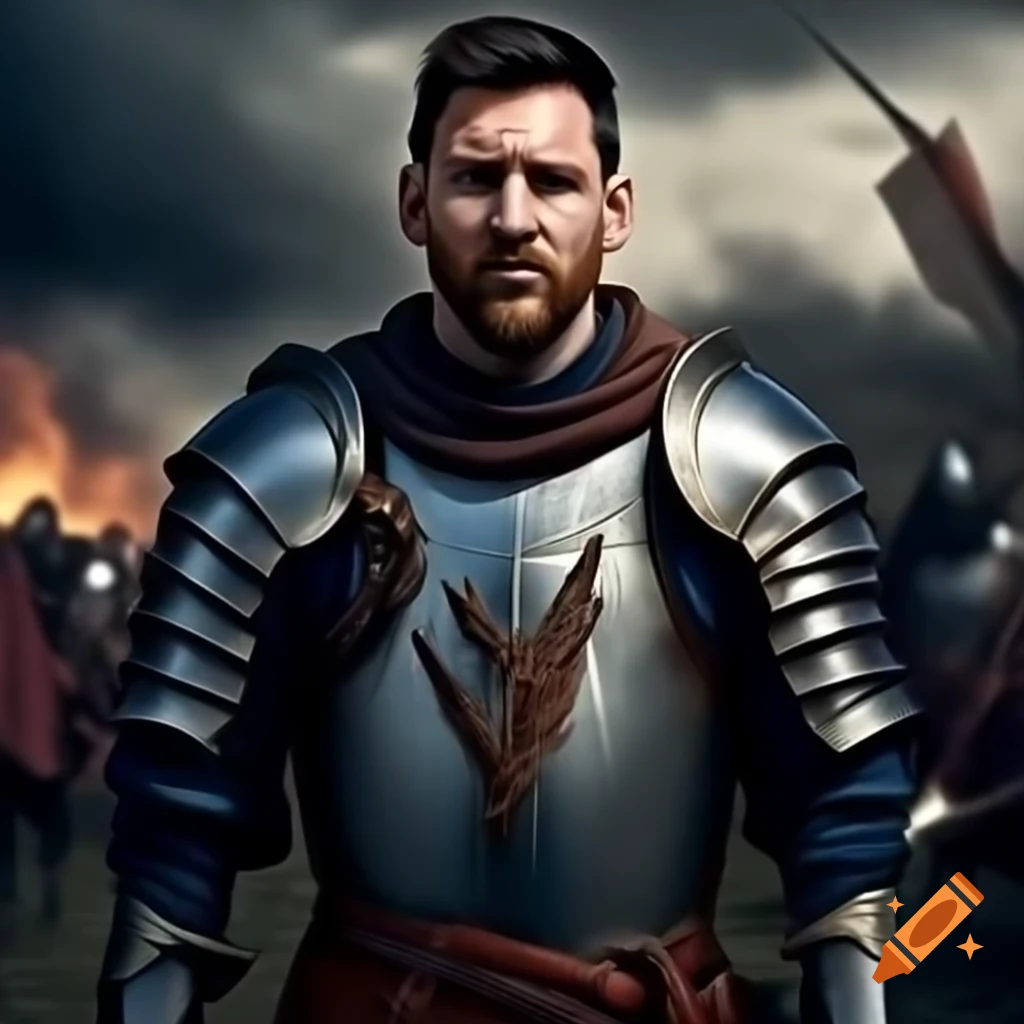 Lionel Messi depicted as a medieval knight in silver armor on a ...