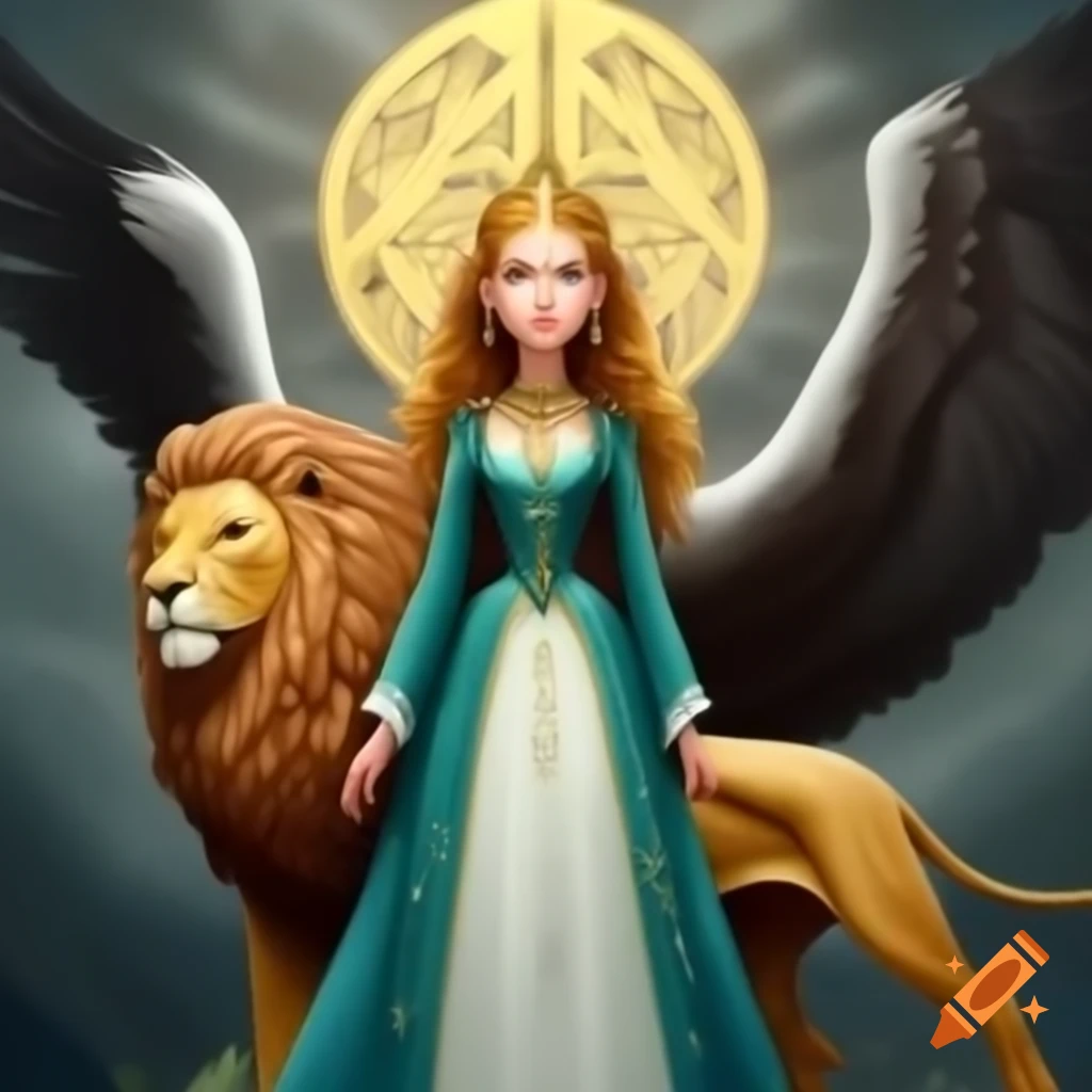 Celtic inspired drawing of princess with gold hair next to lion-headed ...