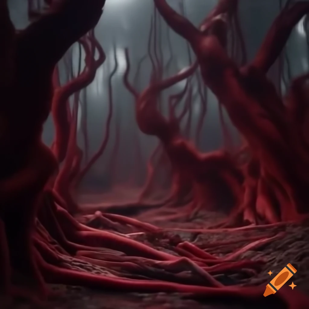 Abandoned forest with twisted red trees and colorful rocks, dark atmosphere on Craiyon
