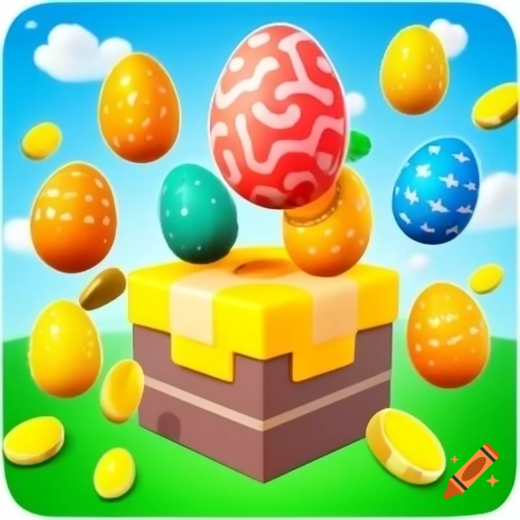 Colorful Roblox game thumbnail with coin stacks and patterned eggs on ...