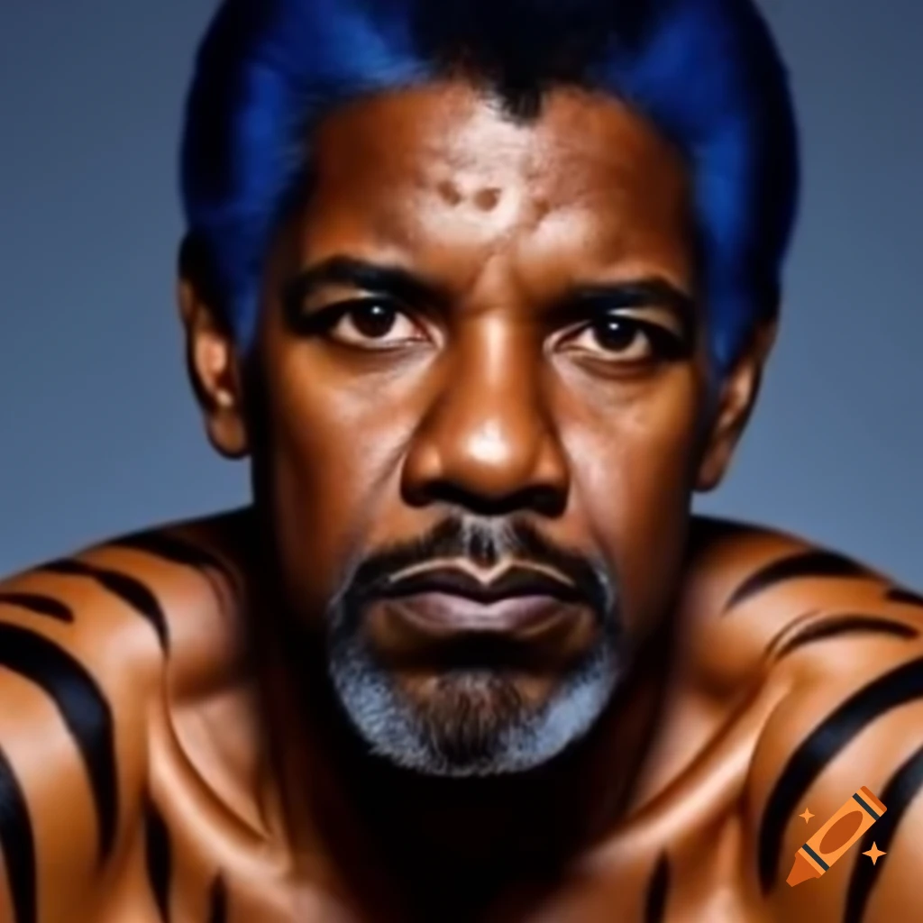 Muscular man with tiger-style makeup featuring blue hair and orange ...