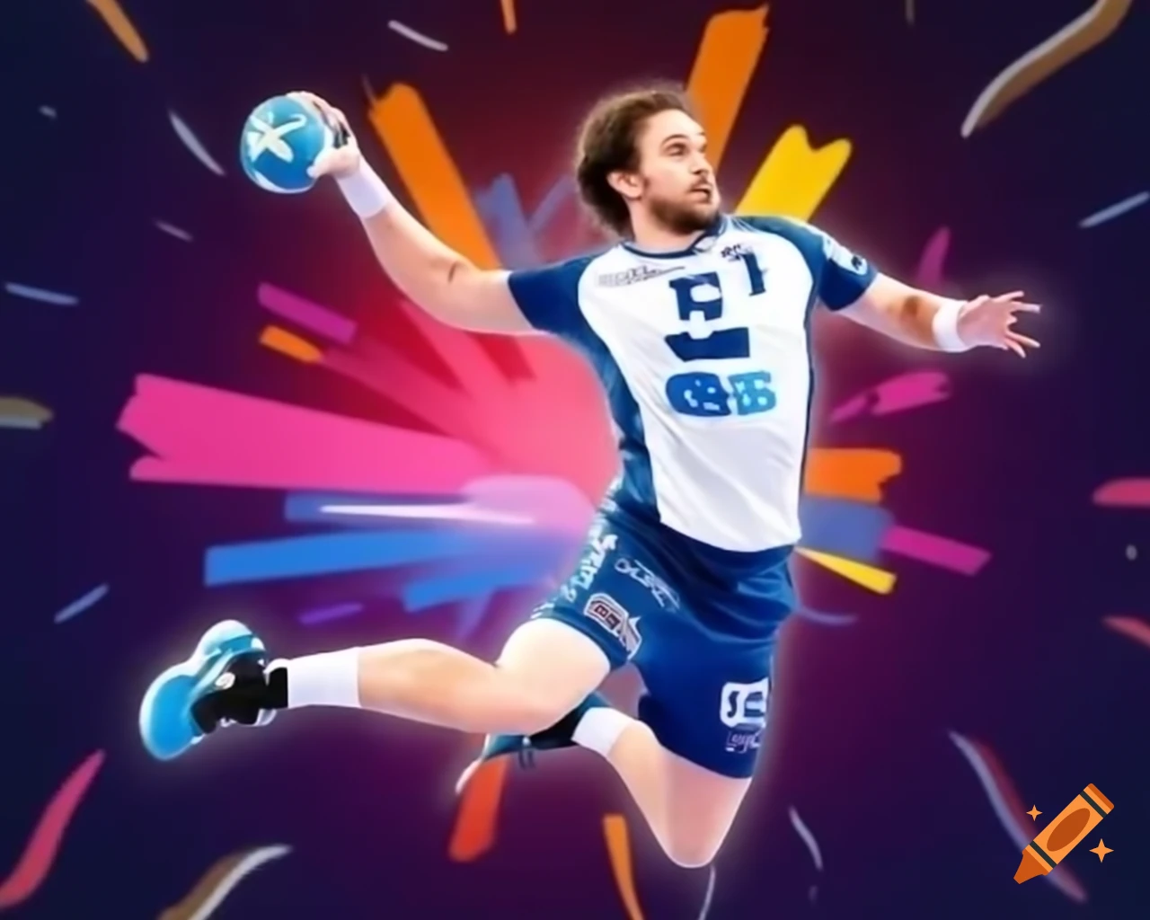 Athletic handball player executing jump shot in colorful backdrop on ...