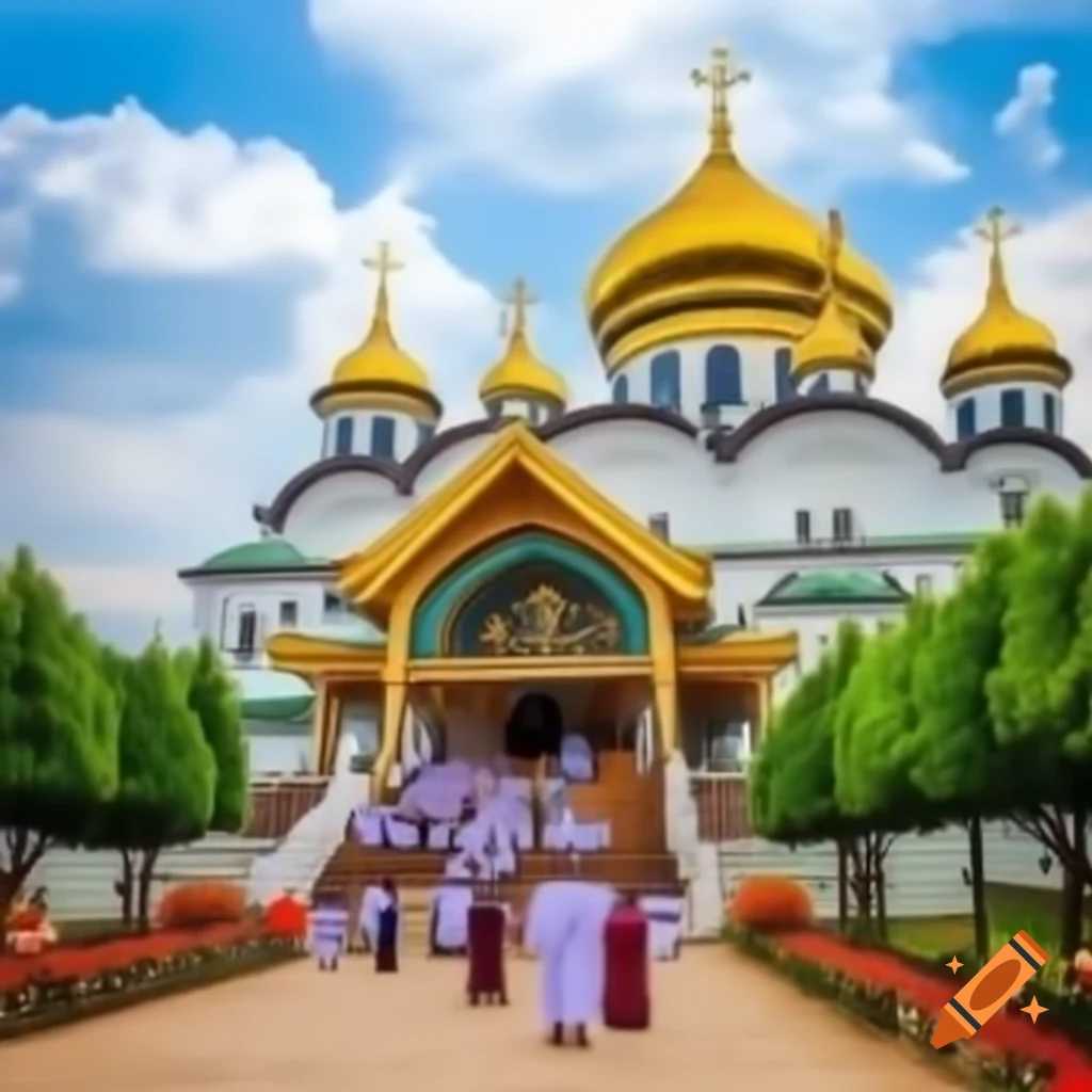 Jetavana Monastery with golden roofs, surrounded by greenery and people ...