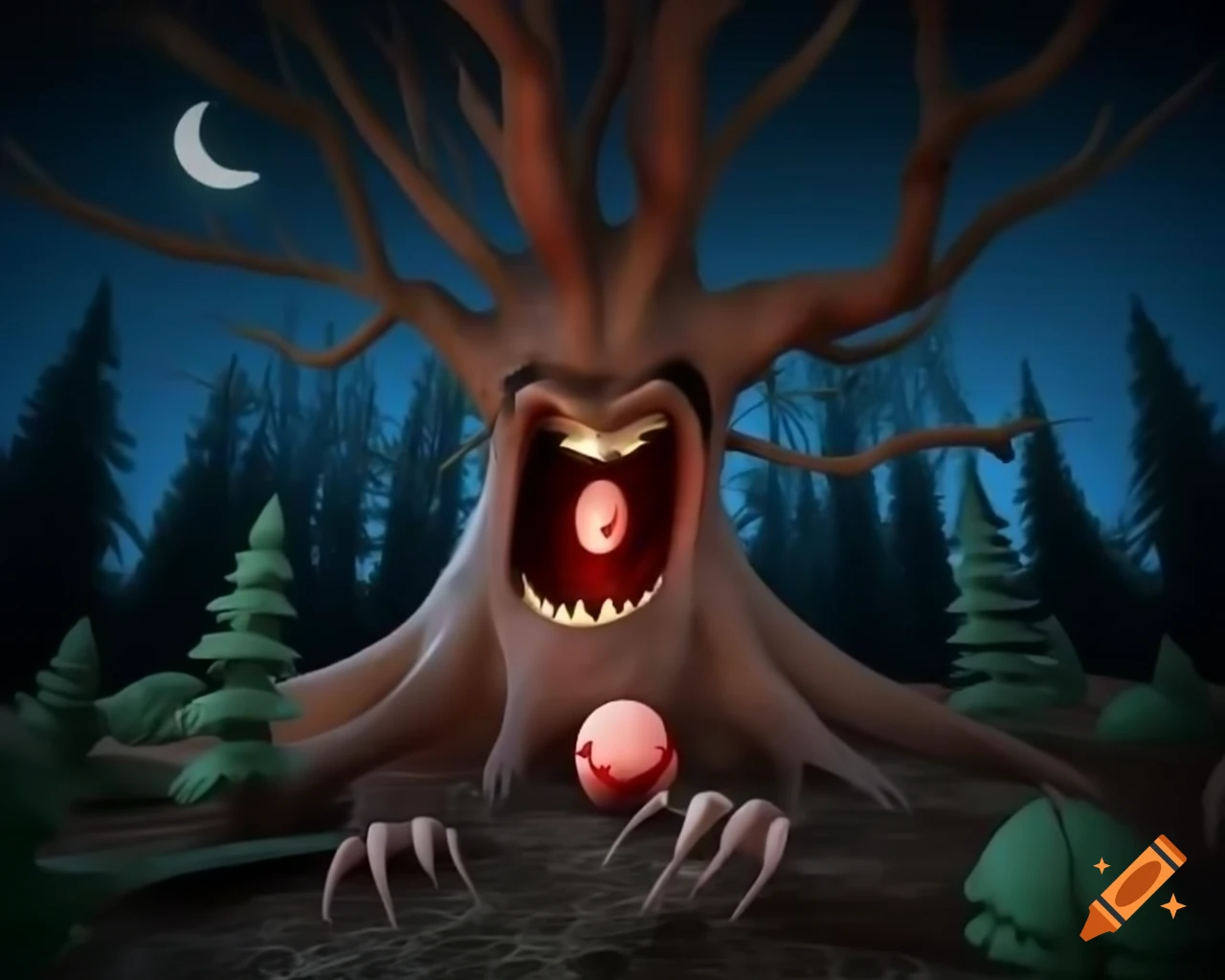 Scary tree creature depicted in horror theme on Craiyon