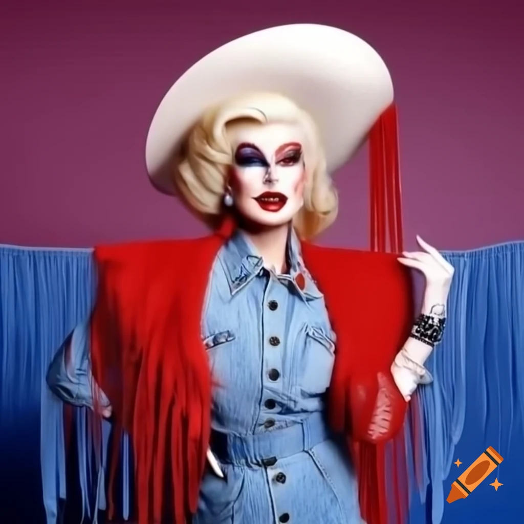 Rhinestoned denim gown with red fringe and white cowboy hat for ...