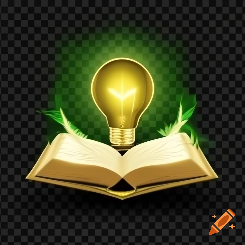 Minimalist golden light bulb emerging from open Quran with green and ...