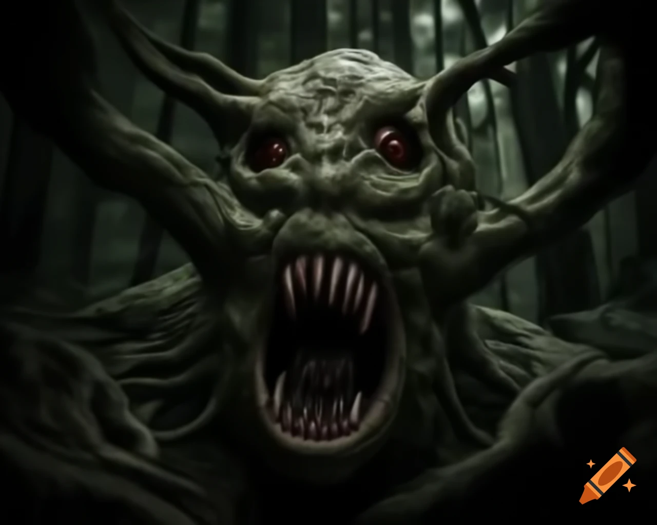 Hyperrealistic 3D depiction of a tree monster in a dark forest on Craiyon