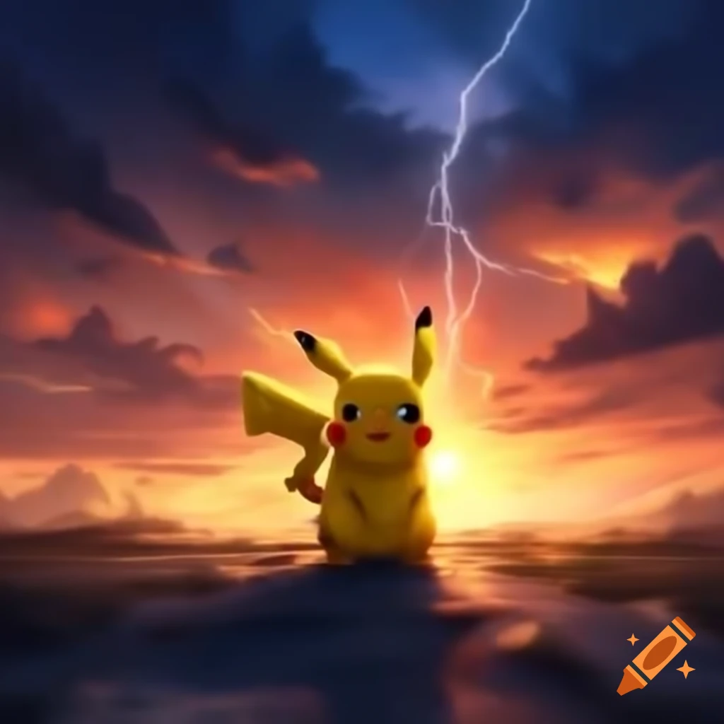 Pikachu in aesthetic sunrise setting with cinematic lightning and sparks on Craiyon