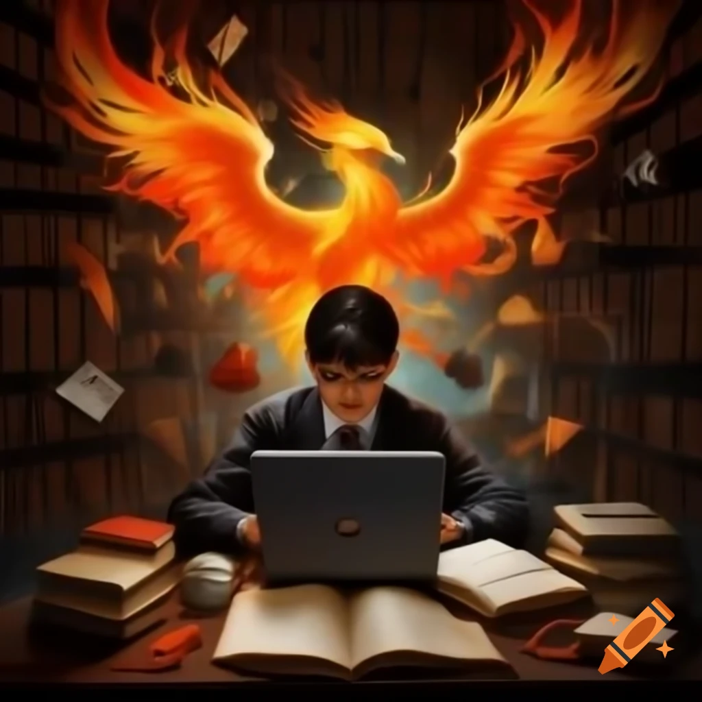 Silhouette of student with phoenix rising, surrounded by academic tools on Craiyon