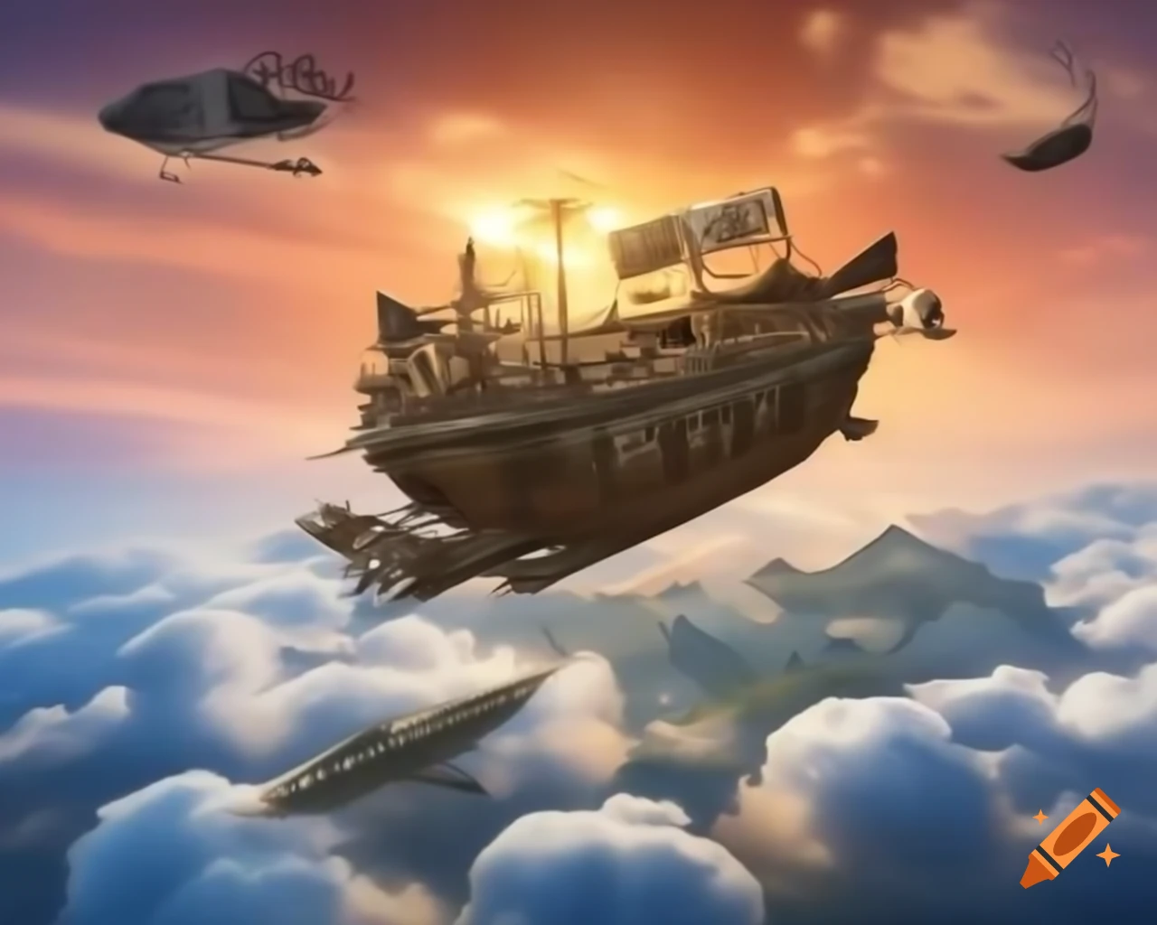 Steampunk airship adventure soaring through the clouds on Craiyon