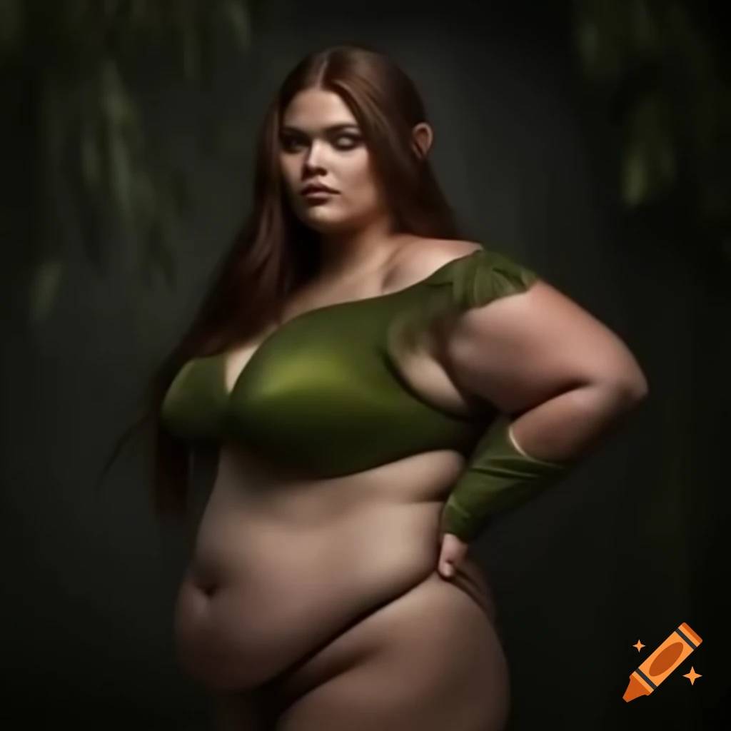 Plus size elf woman with brunette hair and dark brown eyes on Craiyon
