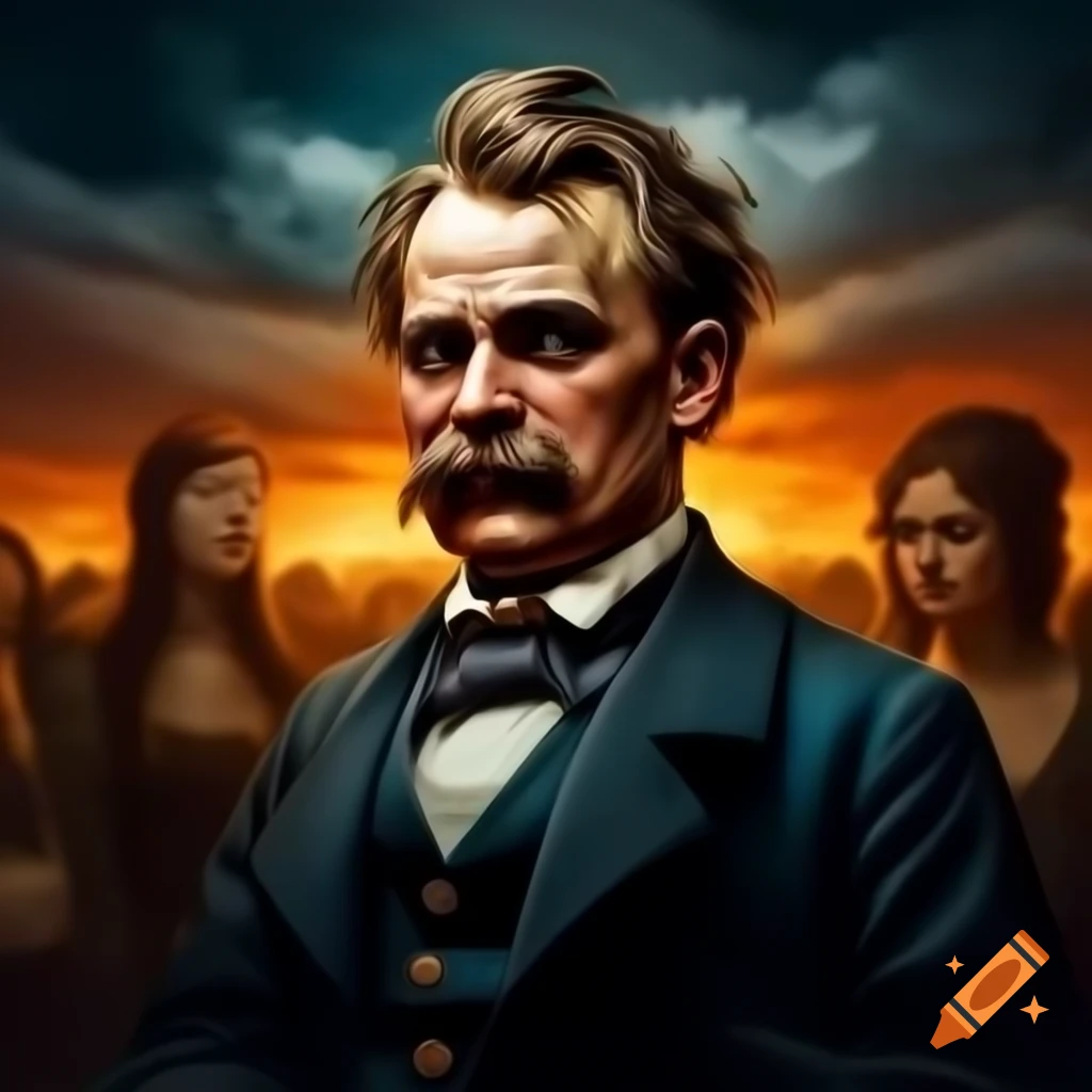 Dramatic portrait of Friedrich Nietzsche in profile with distinctive ...