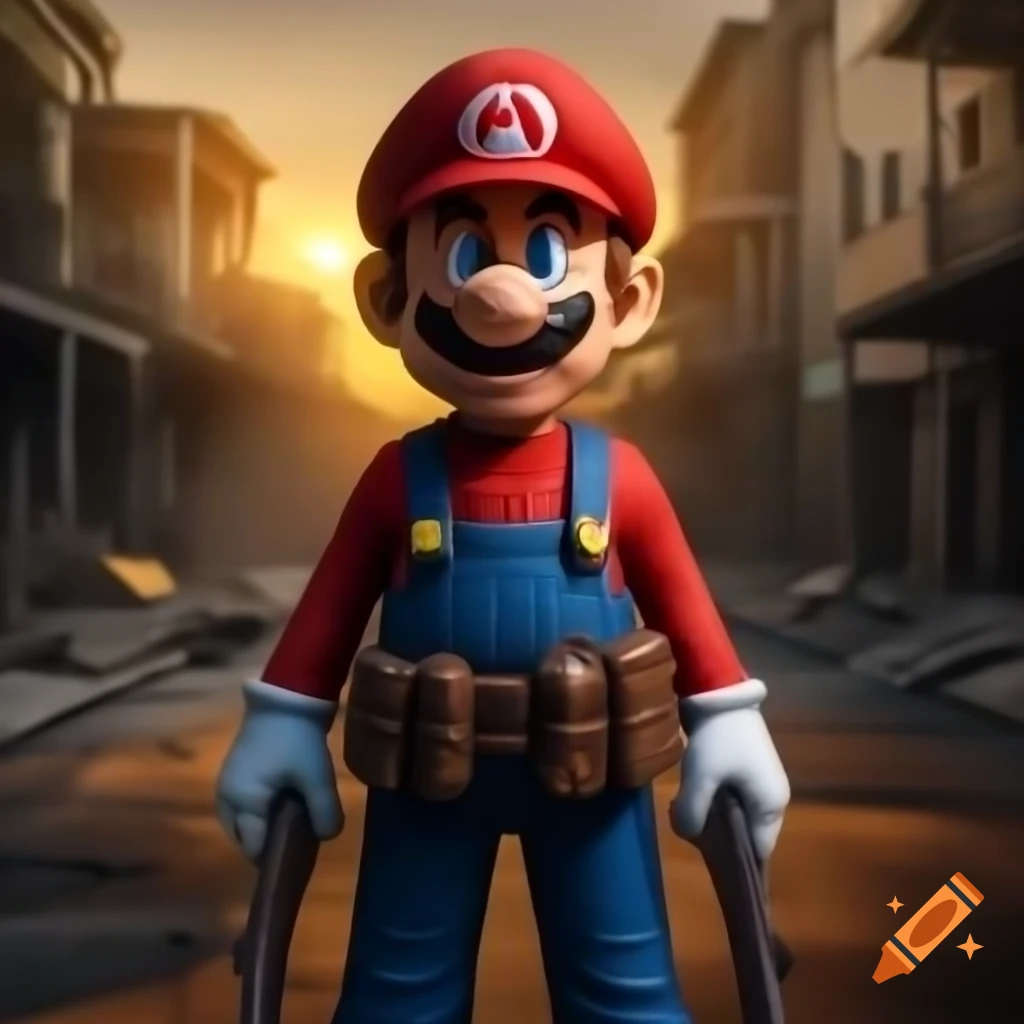 Hyper-realistic Super Mario as a survivor in a post-apocalyptic urban ...