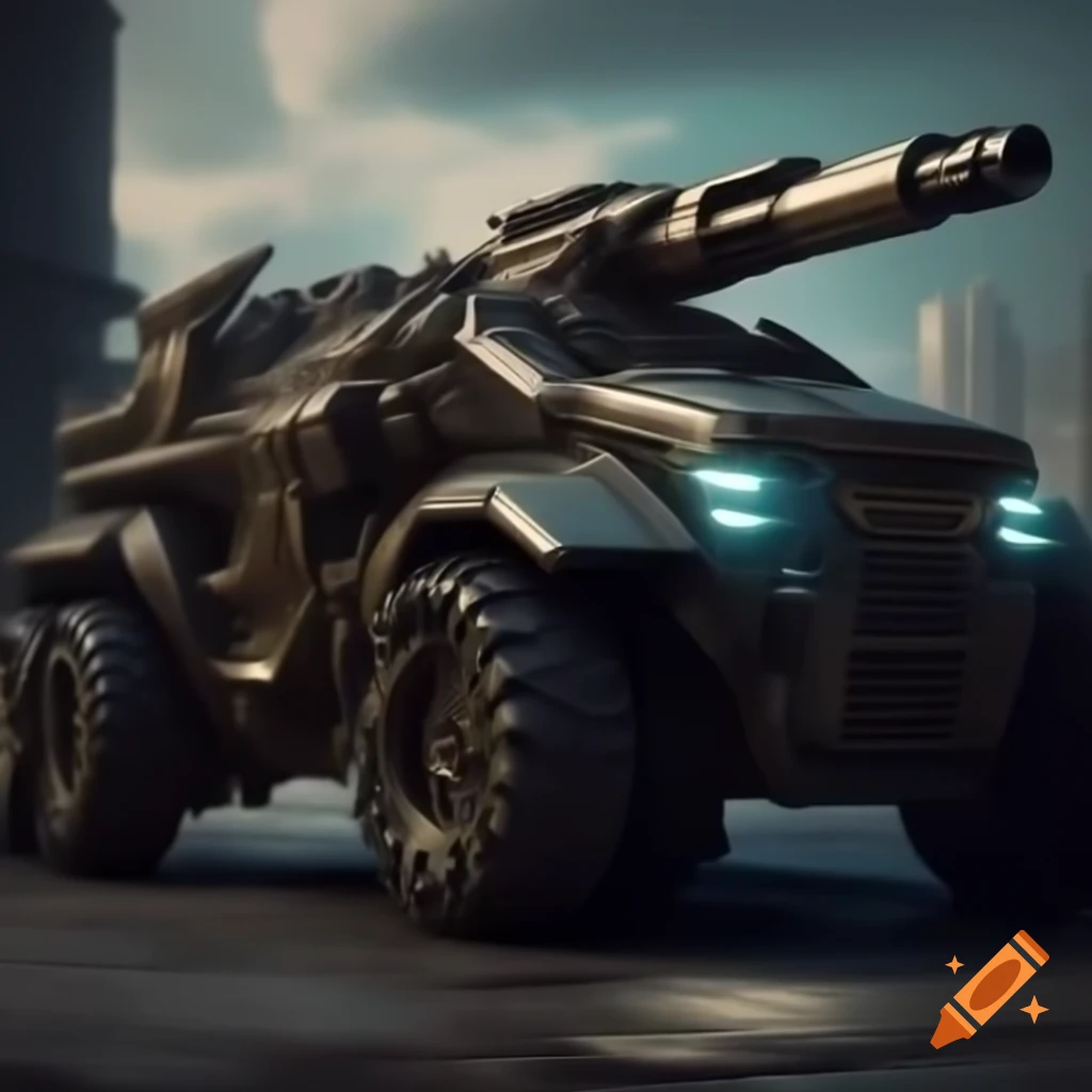 Futuristic vehicle with oversized diesel engine in detailed cyberpunk ...