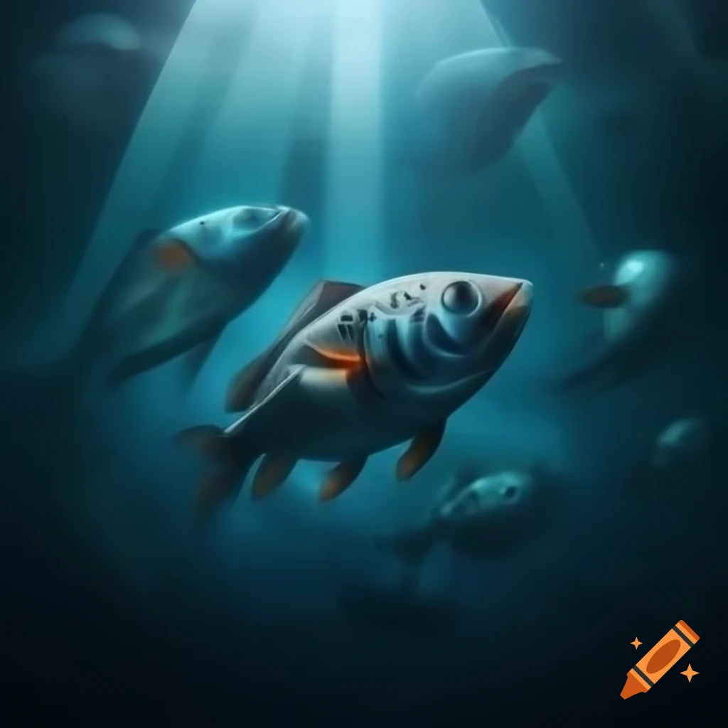 Legendary mythical fish swimming in deep ocean with glowing scales on ...