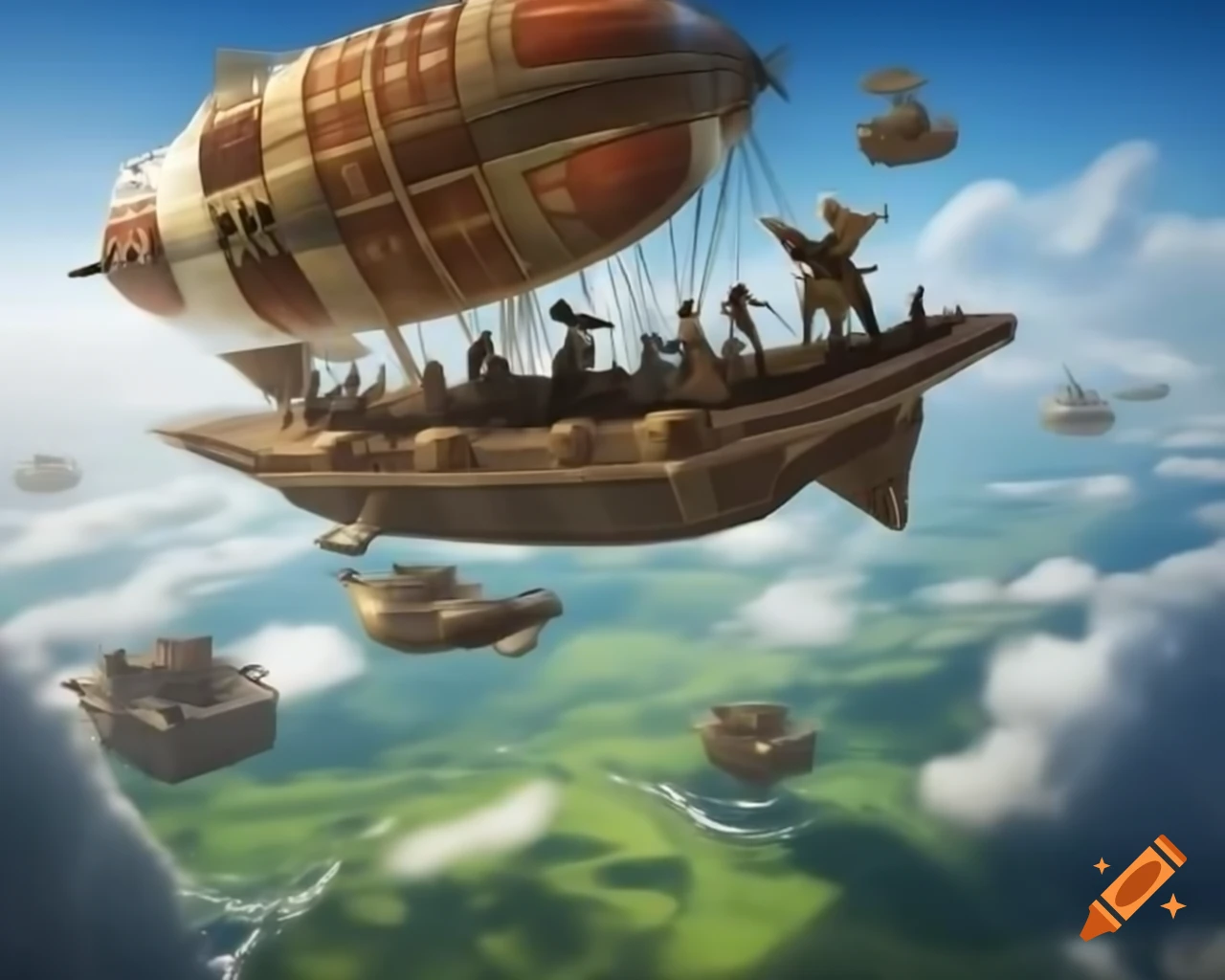 Steampunk airship adventure journeying through clouds on Craiyon