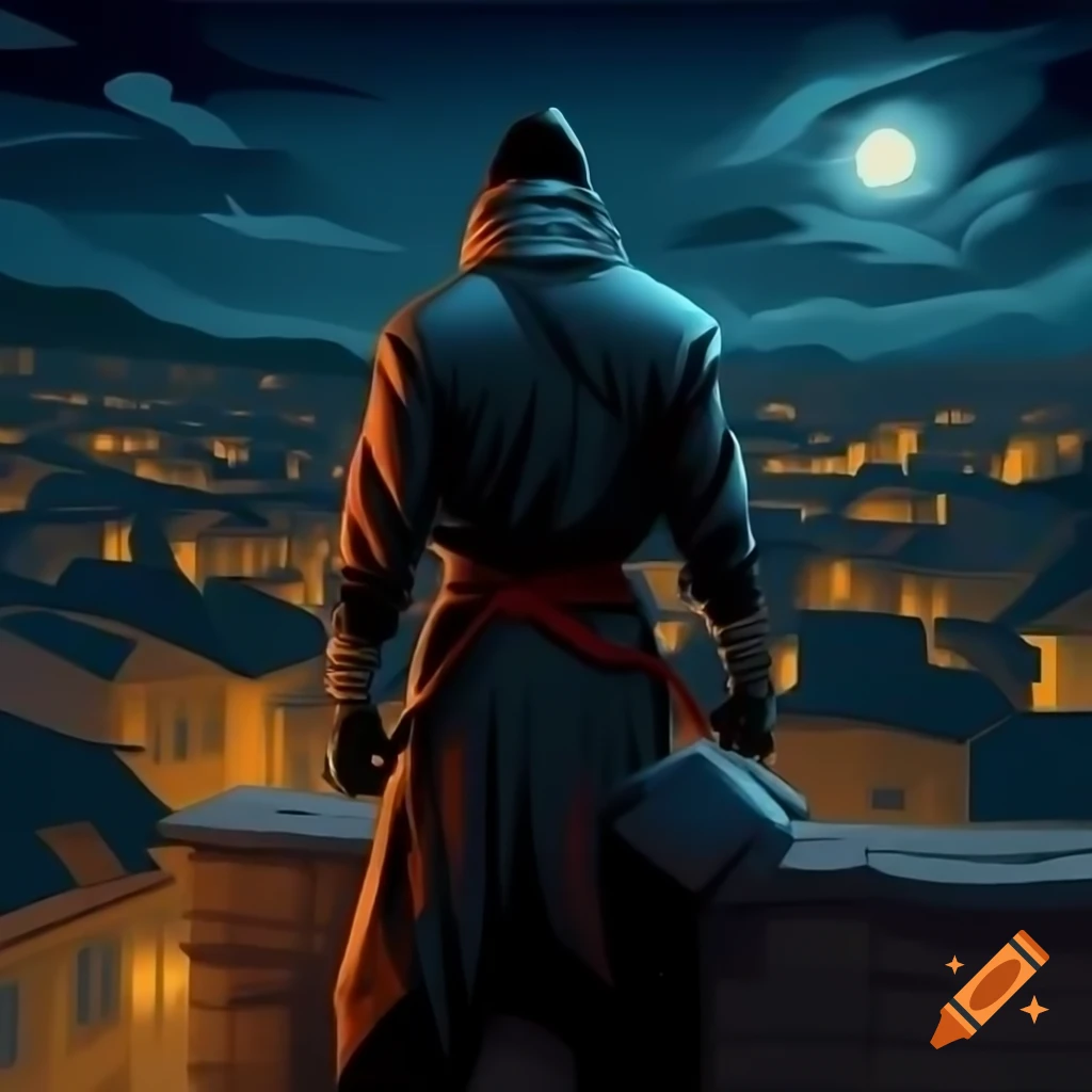 Ninja dashing across rooftops at night with 'Starry Night' painting on ...