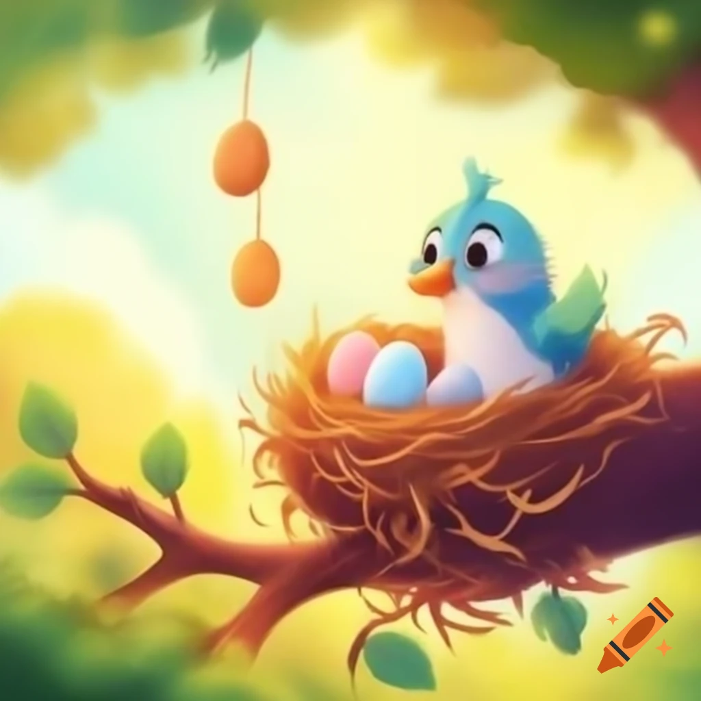 Cartoon bird in nest with eggs, tree branch, and letter 'N' under ...