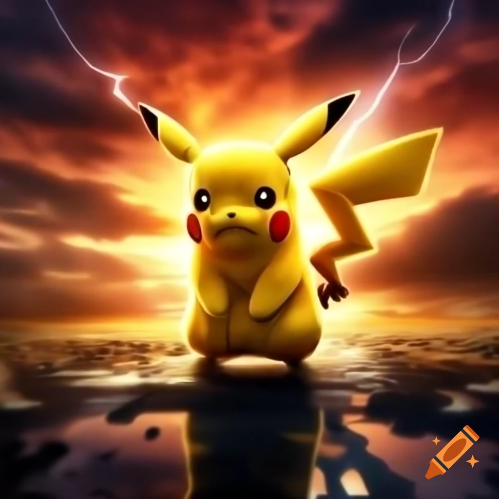 Pikachu standing under cinematic sunrise with lightning effects on Craiyon