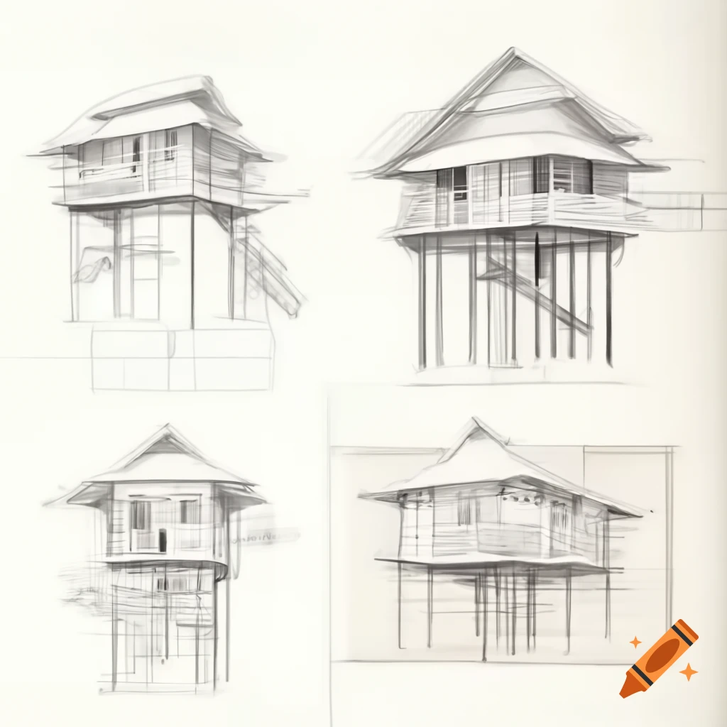 Architectural drawings of traditional Filipino house in illustration ...