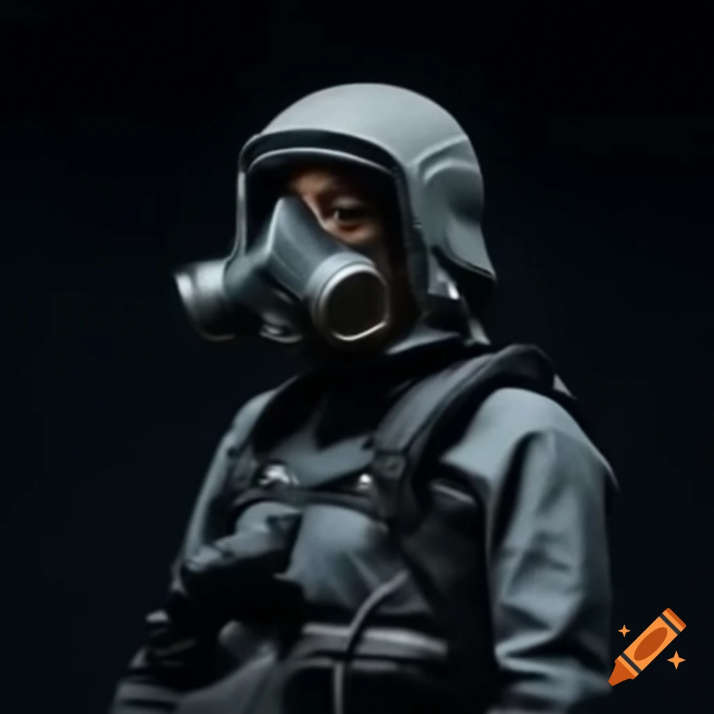 Woman in grey biohazard suit with helmet, goggles, and respirator on ...