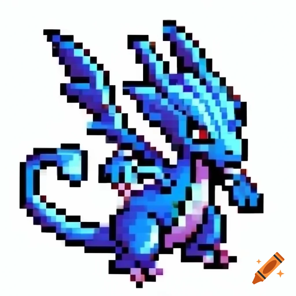 8-bit Pokemon-style sprite of dark blue and purple dragon on Craiyon
