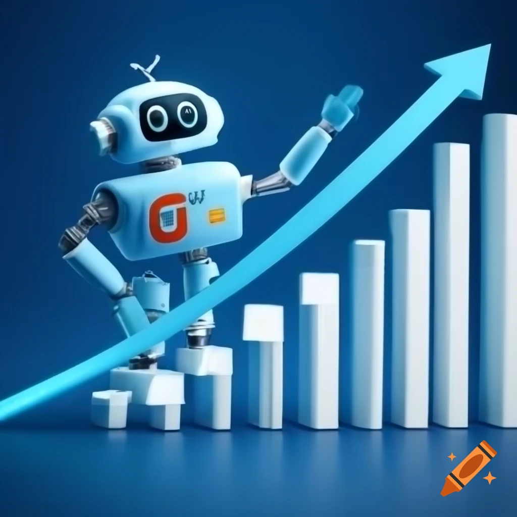 Blue robot showcasing upward-trending graphs for data analysis on Craiyon