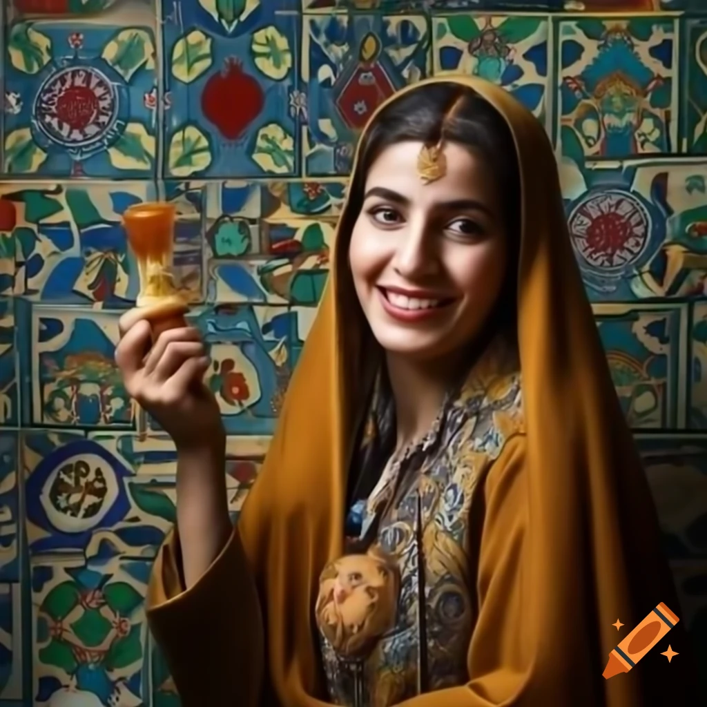 Qajar Iranian woman smiling with honey bottle in front of traditional ...