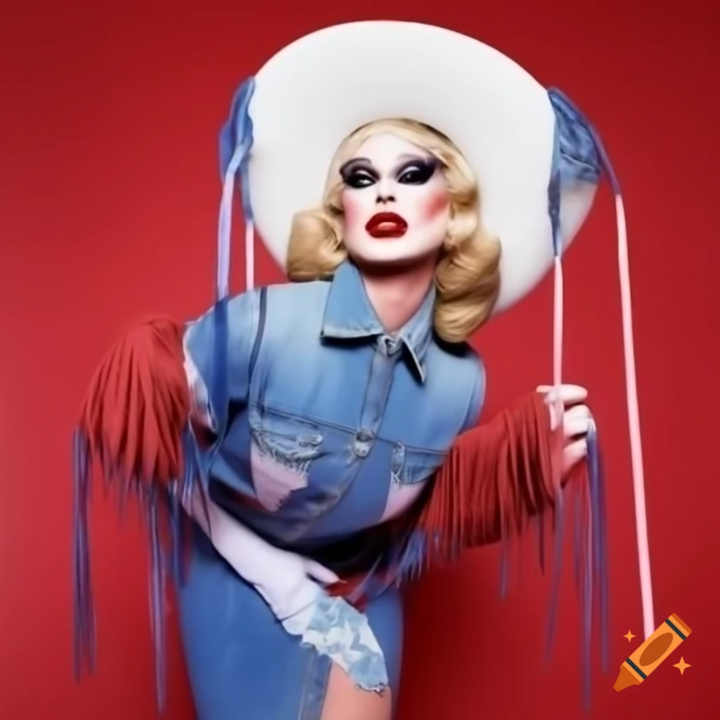 Rhinestoned denim dress and cowboy hat worn by drag queen Harmonica ...