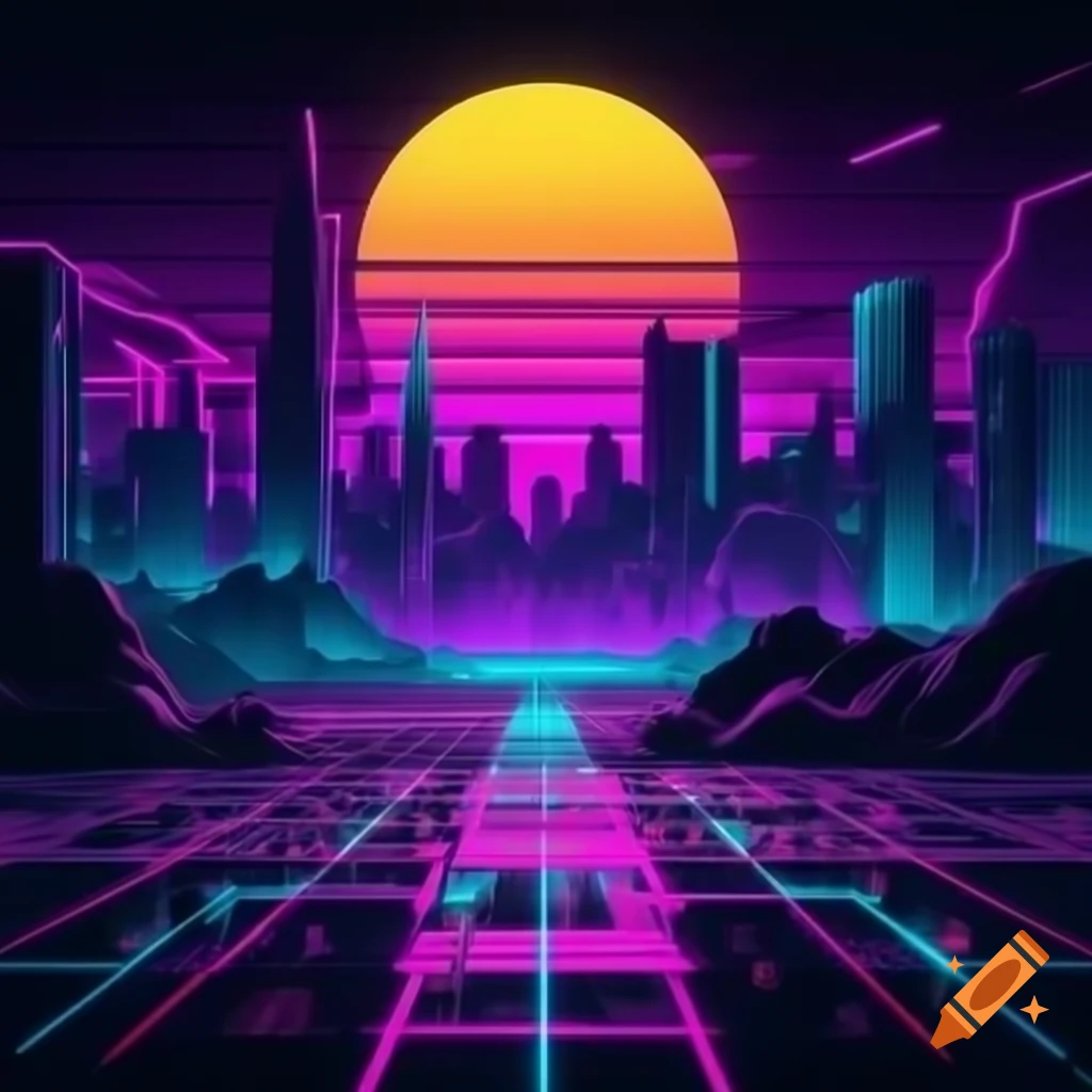 1980s synthpop style cityscape with neon lights and geometric patterns ...