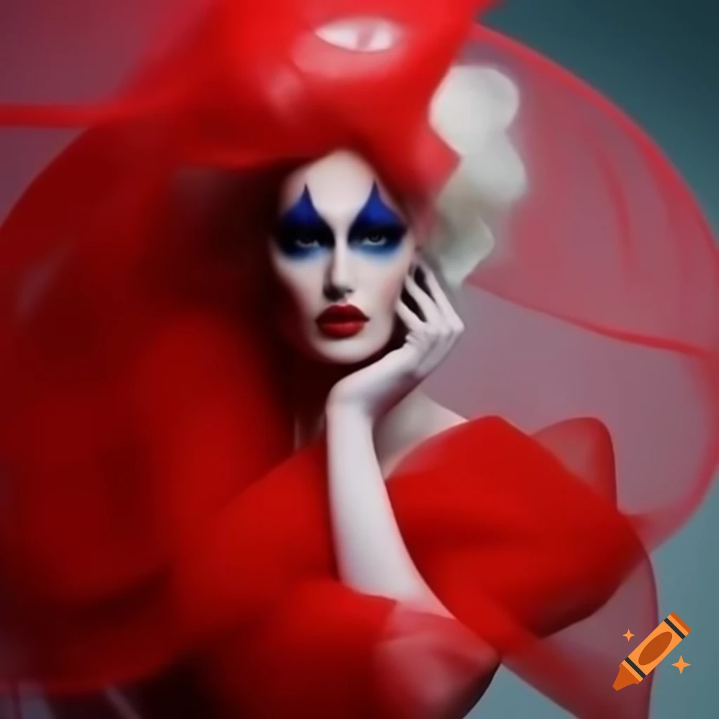 Promo look of drag queen Linda Hand in flowing blue dress with red ...