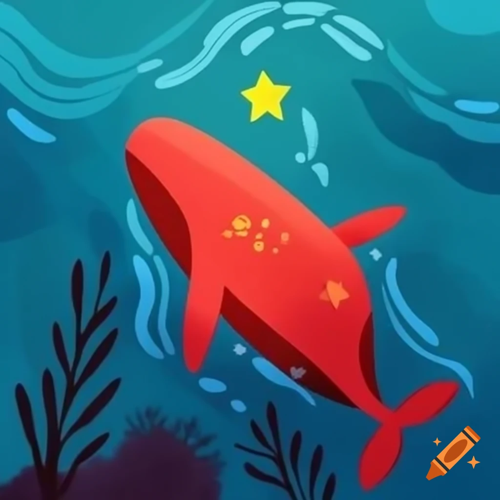 Red whale wearing bib with yellow star in New York Bay on Craiyon