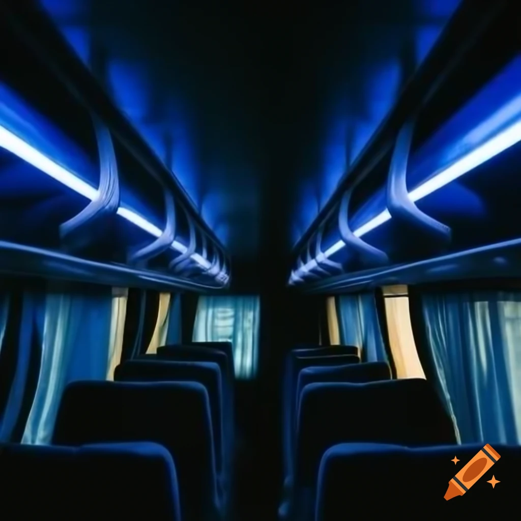 Interior of Indian sleeper bus at night with blue LED lights and ...