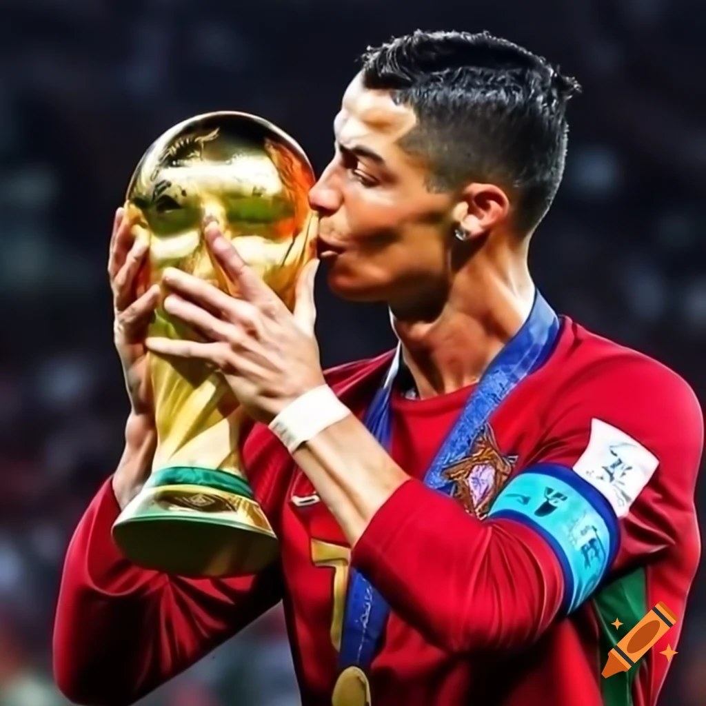 Cristiano Ronaldo in Portugal jersey kissing World Cup trophy with 2026 WORLD CUP text on Craiyon