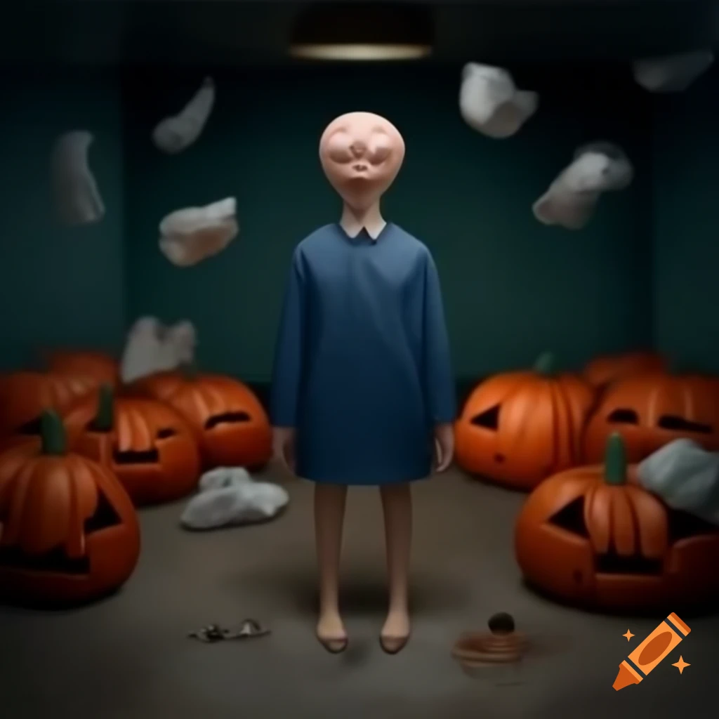 Human-like figure in dark room with deflated balloons and moldy walls ...