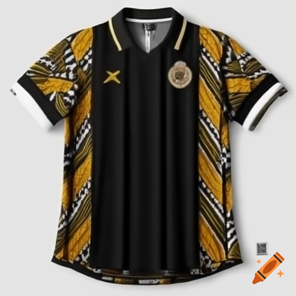 Pro jersey in black with gold African patterns on collar, sleeves, and ...