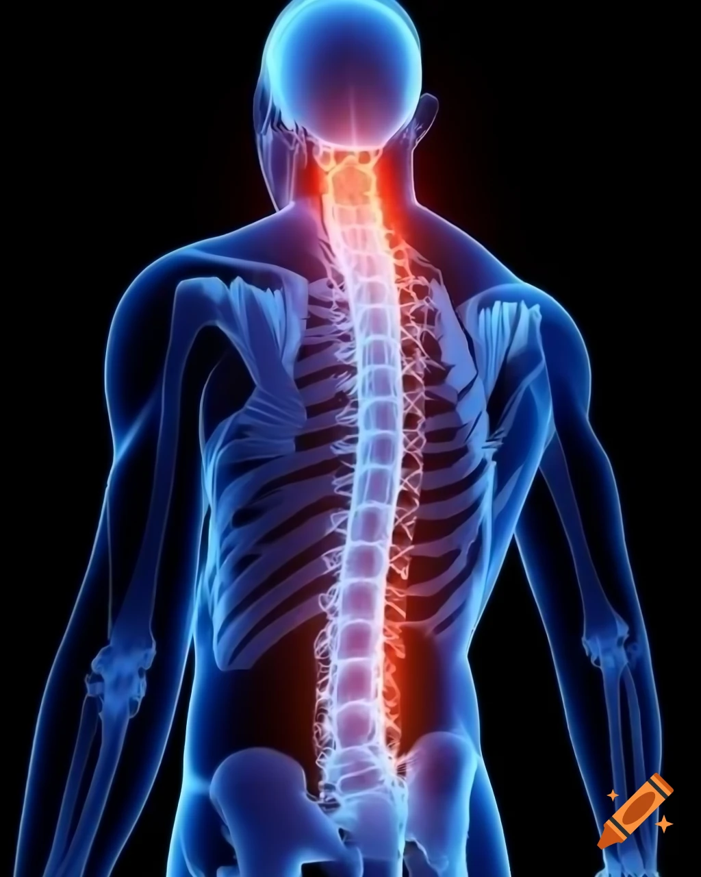Anatomical line drawing of human spine with color gradients showing ...