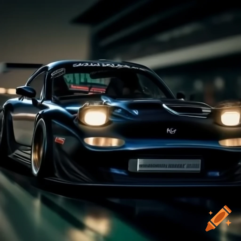 Mazda Rx-7 racing in the dark on a circuit at night on Craiyon