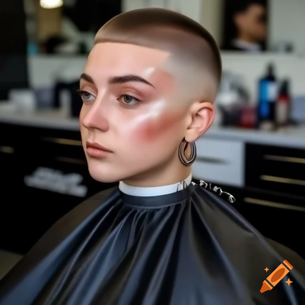 Young woman with military flattop haircut in barber chair, wearing ...