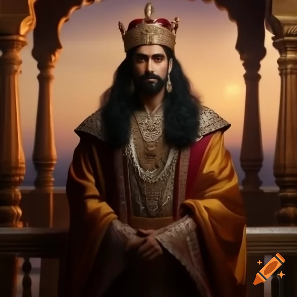 Regal king on palace balcony at dawn with jewel-studded crown and silk ...