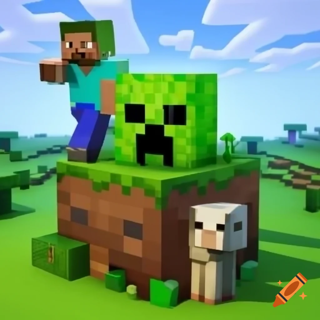 Minecraft scene with grass block, creeper on tree, and cow drinking ...