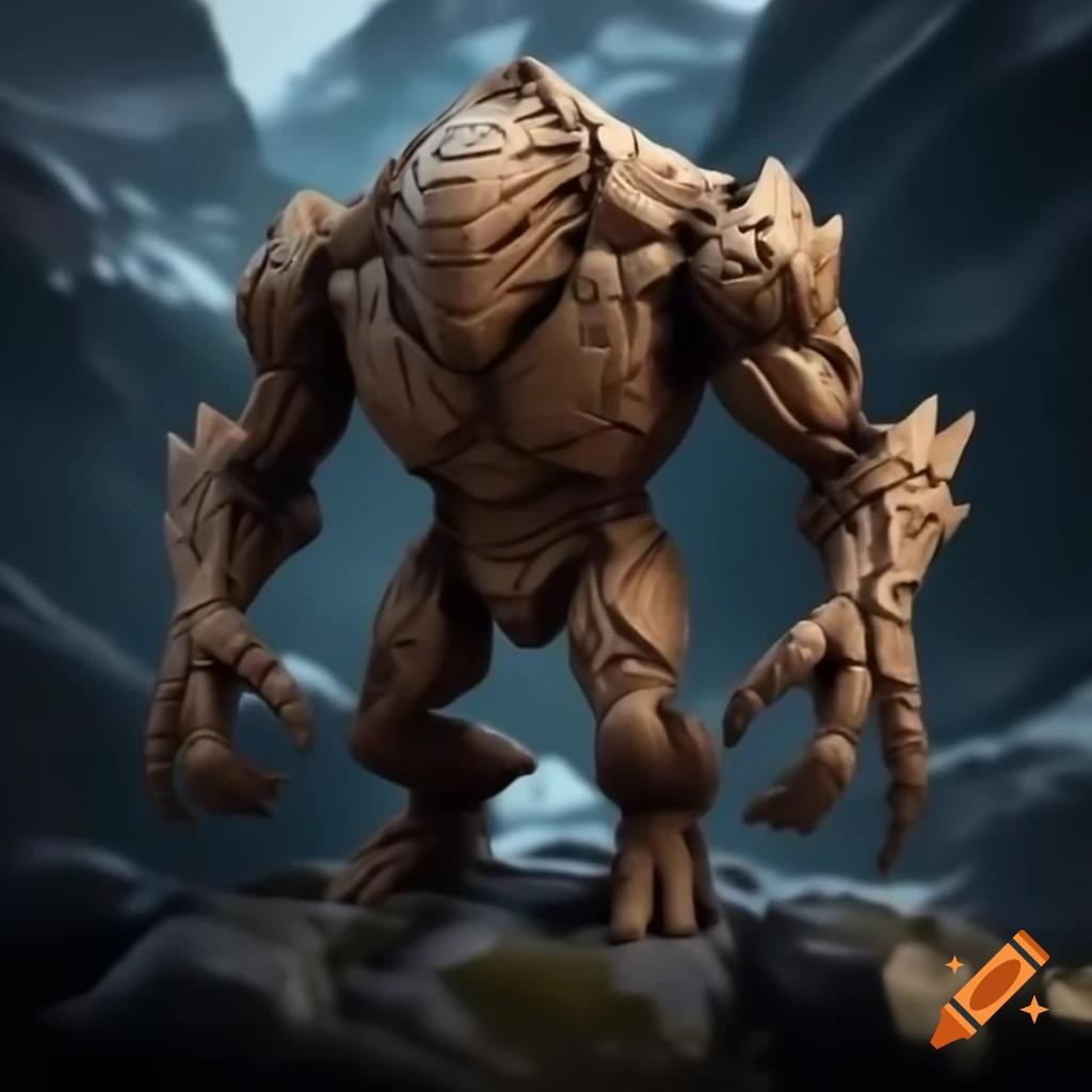 Humanoid golem sculpted from rugged mountain stone with angular ...