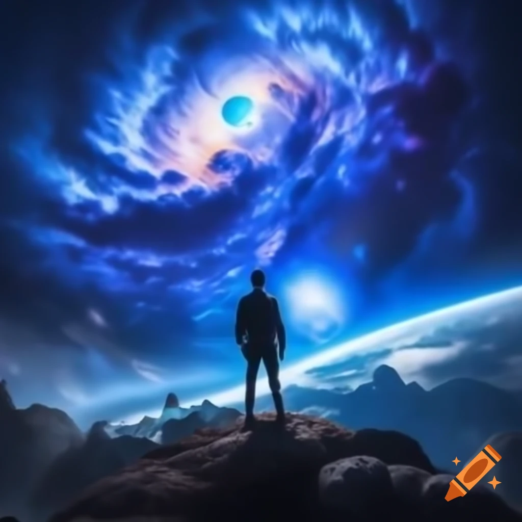 Man standing on cliff edge overlooking vast blue cosmos on Craiyon