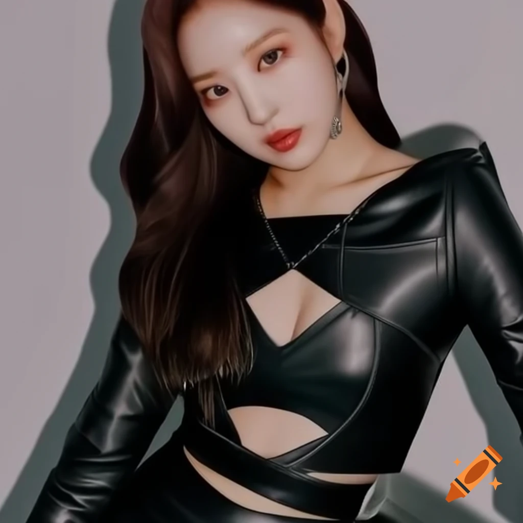 Sana from TWICE in stylish black leather outfit with cut-outs and shimmering makeup on Craiyon